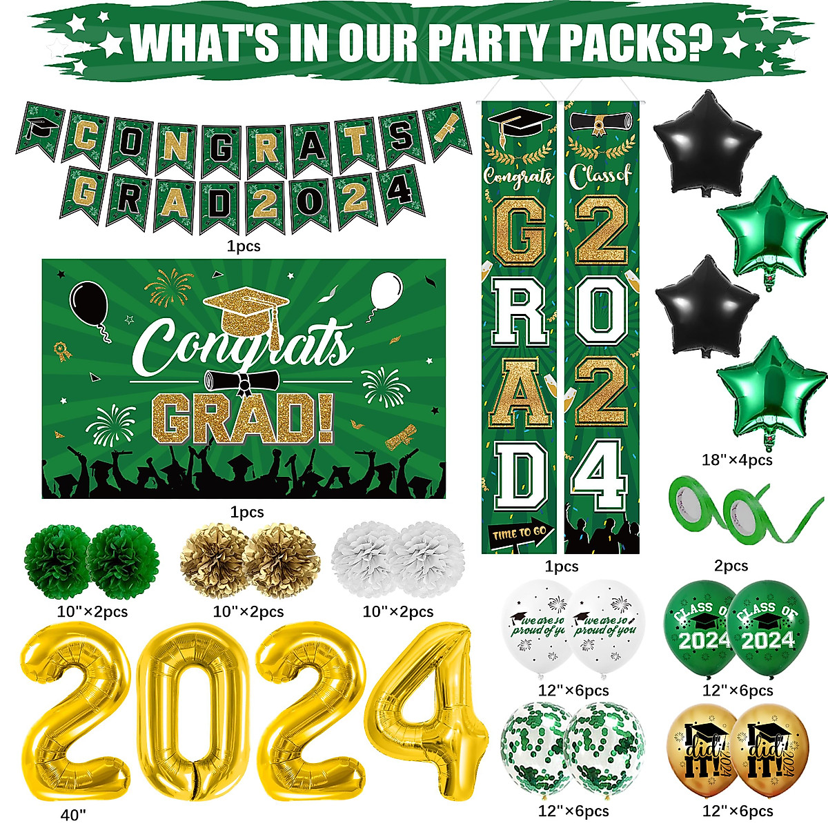 Green Gold Graduation Party Decorations 2024,Class of 2024 Graduation Party Supplies Include Congrats Grad Banner, Grad Backdrop, Porch Sign,Balloons,Foil Number 2024 for Graduation Party Supplies