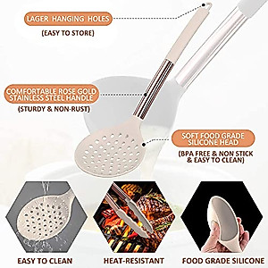 Silicone Cooking Utensil Set, Fungun Kitchen Utensils Set with Copper Handle 24 Pcs Kitchen Gadgets Tools Set, Non-stick Heat Resistant Kitchen Spatulas Set - Khaki…