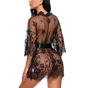 Avidlove lingerie robe Women's Lace Kimono Robe Babydoll Lingerie Mesh Nightgown Black M