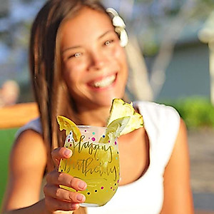 Your Dream Party Shop Happy Birthday 22oz Stemless Wine Glass, Happy Birthday Wine Glass with Gold Print, Perfect Birthday Glass, Happy Birthday Wine Glasses For Women, Birthday Cup