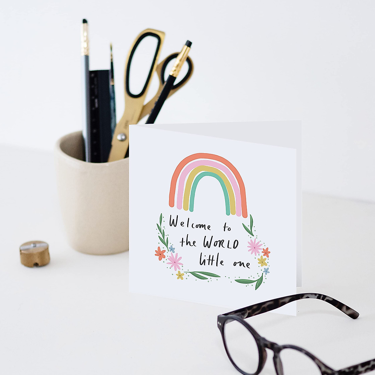 Old English Co. Welcome To The World New Baby Card - Cute Nursery Flower Rainbow Card for Baby Girl or Boy | Congratulations to New Parents | Blank Inside & Envelope Included