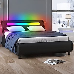 ZAFLY Modern Platform Full Bed Frame,Full Size Bed Frame with RGB LED Headboard,Wooden Slats Support/No Box Spring Needed/No Mattress,Black