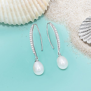 Ross-Simons 8x10mm Cultured Pearl and .38 ct. t.w. CZ Drop Earrings in Sterling Silver