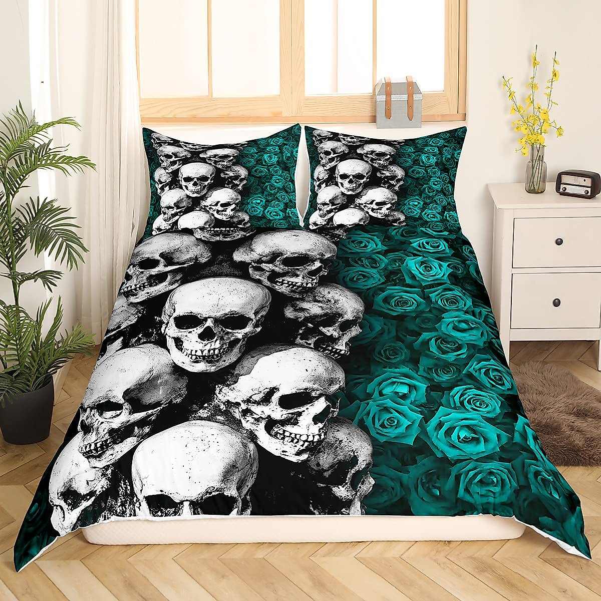 Erosebridal Sugar Skull Bedding Set Teal Floral Comforter Cover Gothic Skull Hipster Duvet Cover Set for Kids Teen Boys Girls Skeleton Bones Blossoms Bedclothes 3Pcs King Size Fashion Bedroom Decor