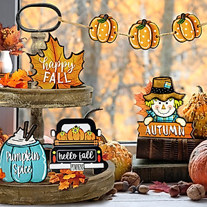 Guoofu Fall Scarecrow Tiered Tray Decor, Farmhouse Pumpkin Tray Decorations, Happy Fall Maple Leaf Truck Pumpkin Spice Wooden Signs, Autumn Thanksgiving Rustic Home Decor for Party Tabletop