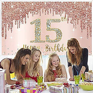 Happy 15th Birthday Banner Backdrop Decorations for Girls, Rose Gold 15 Birthday Party Sign Supplies, Pink 15 Year Old Birthday Poster Background Photo Booth Props Decor