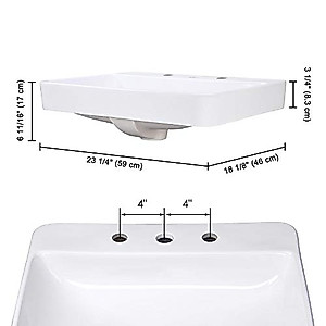 Aquaterior 23" x 18" Rectangle Drop In Bathroom Sink White Ceramic Above Counter Semi Recessed Vessel Sink with Widespread Faucet Holes,Drain