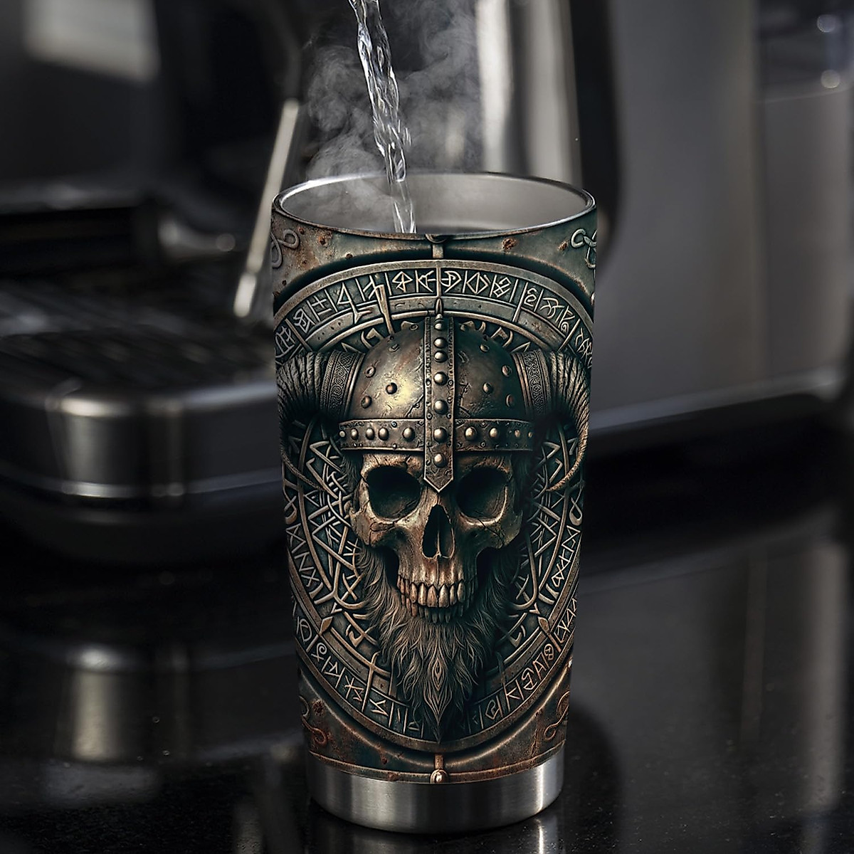 20oz Viking Celtic Warrior Skull Tumbler, Norse Mythology, Viking Gifts for Men, Coffee Thermos for Men, Stainless Steel Double Wall Vacuum Insulated Coffee Mug, Travel Cup with Lid