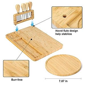 Bamboo Cheese Board and Knife Set - Charcuterie boards Bamboo Wood Cutting Platter and Cheese Serving Tray for Wine, Crackers,Brie, Fruits, Bread and Meat