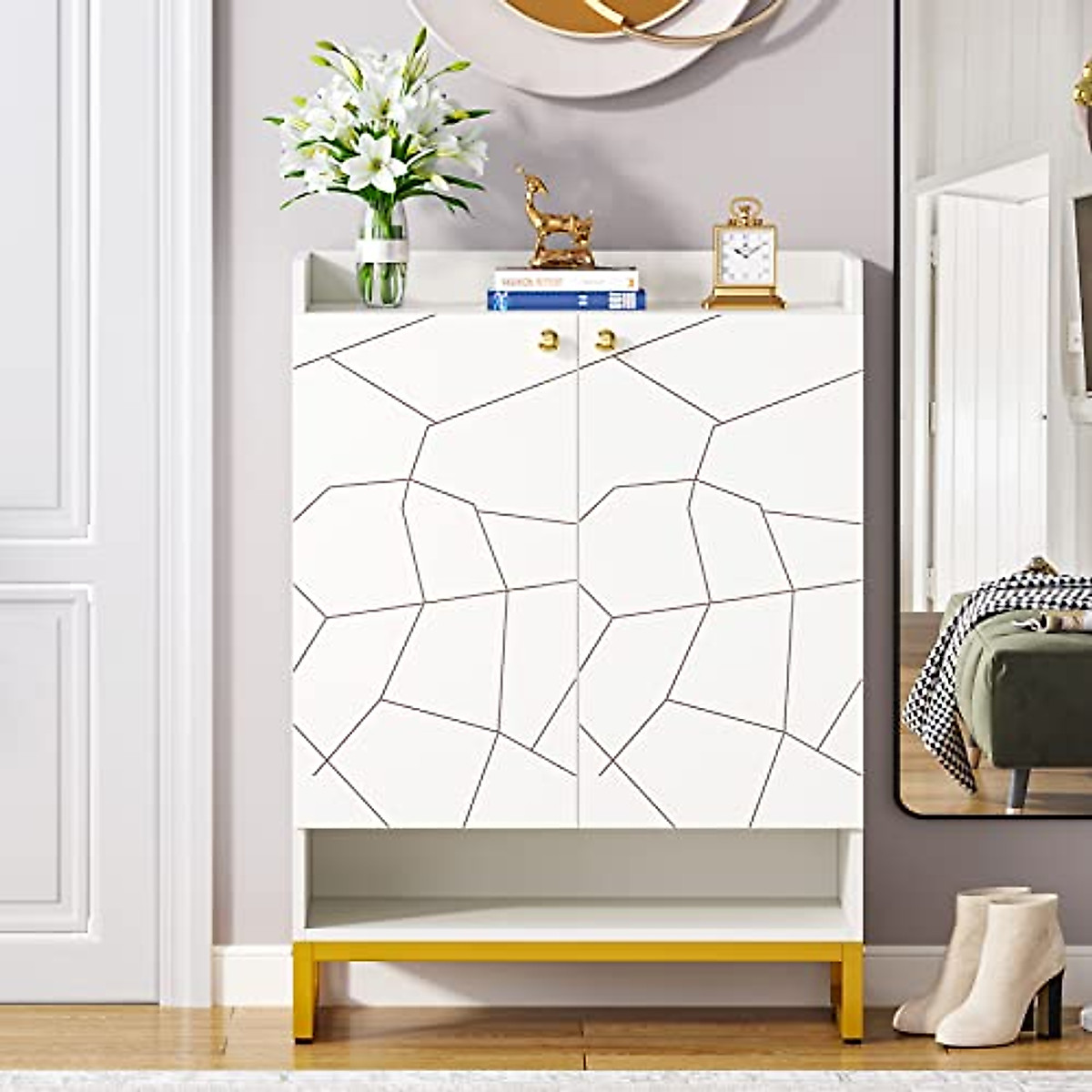 Tribesigns Shoe Cabinet with Doors, White Gold 6-Tiers Shoe Storage Cabinet for Entryway, Modern Free Standing Shoe Cabinet Storage Organizer for Living Room, Bedroom,Closet