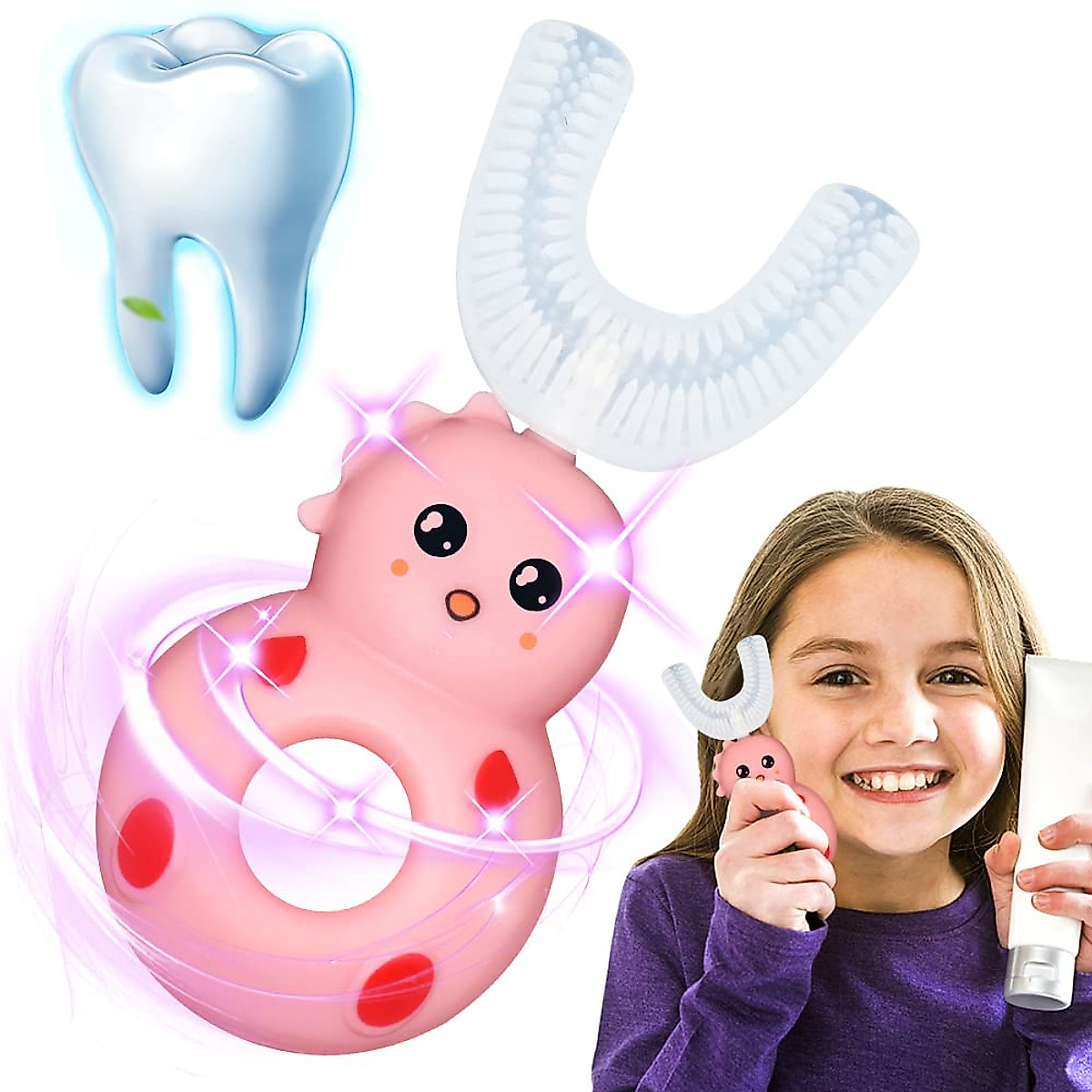 CEECOLES Kids U-Shaped Toothbrush, Cute Cartoon -Design Whole Mouth Cleaning Tooth Brush, U Type with Food Grade Soft Silicone Head for Kid Child 2 - 6 Years Old (KonglongtoothRED)
