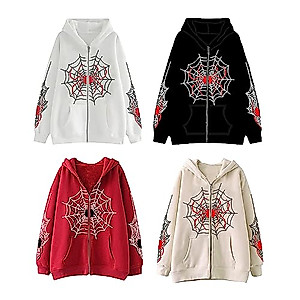 Amiblvowa Women Men Hip-hop Zip Up Hoodie Y2K Vintage Grunge Jacket Spider Graphic Oversized Sweatshirt Coat 2023 Harajuku Clothes (C-Red, L)
