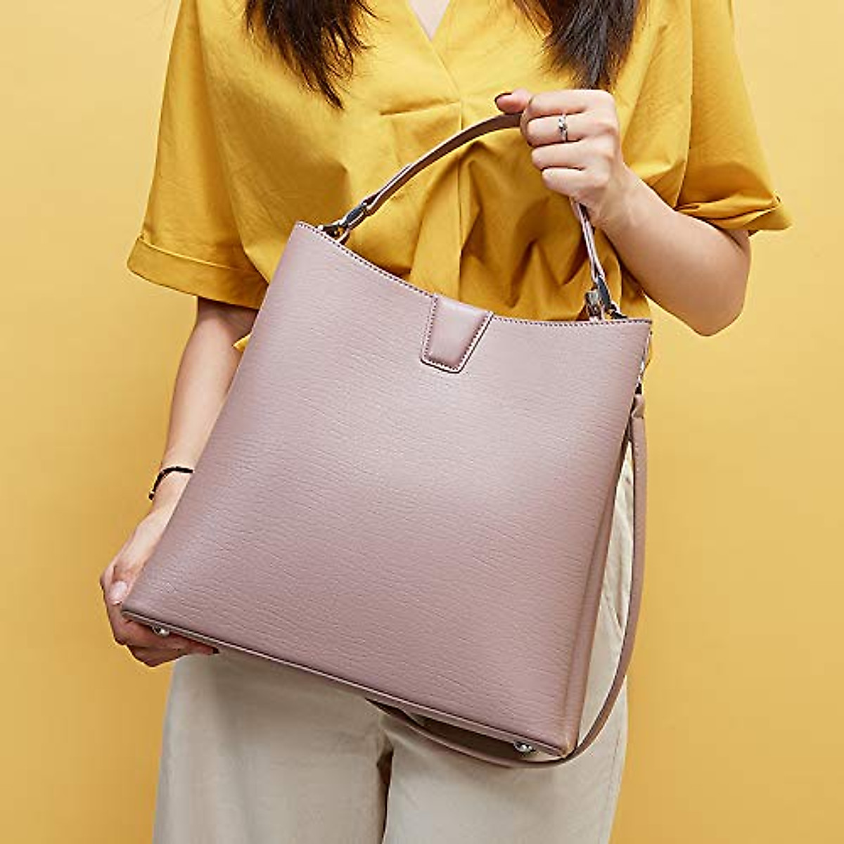 HESHE Leather Womens Handbags Tote Top Handle Bucket Bag Shoulder Bags Satchel Ladies Purses Crossbody Bag (Lilac)