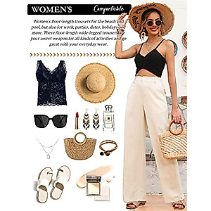 HEEKPEK Linen Pants for Women High Waisted Trousers Straight Wide Leg Flowy Pant Casual Button Up Summer Beach Pants Beige