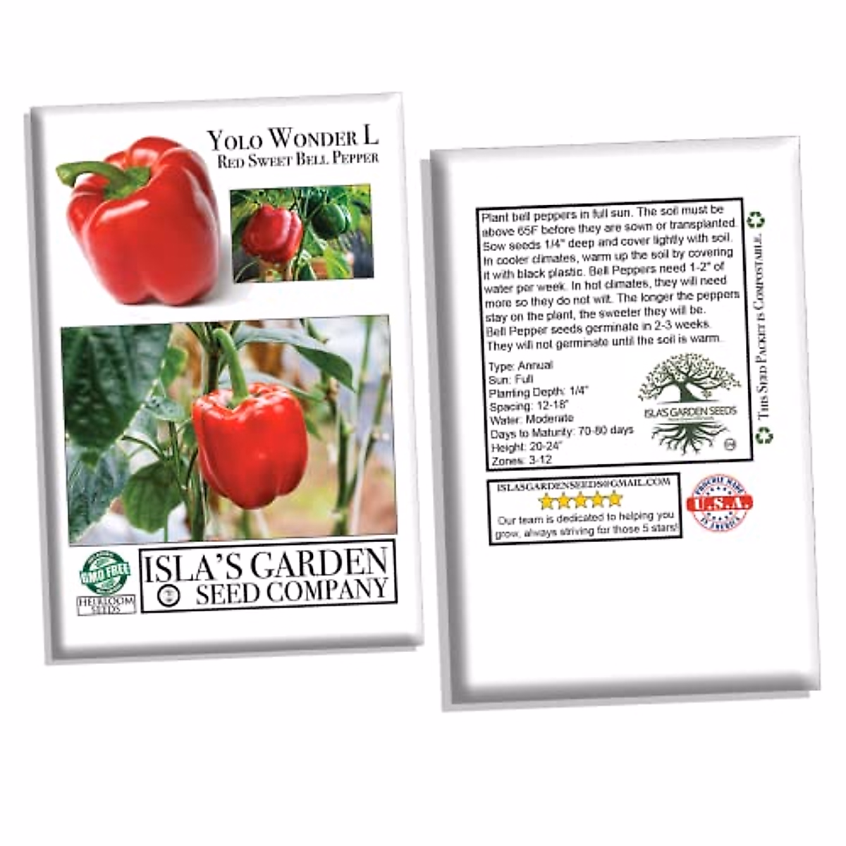 Yolo Wonder L Red Sweet Bell Pepper Seeds for Planting, 100+ Heirloom Seeds Per Packet, (Isla's Garden Seeds), Non GMO Seeds, Botanical Name: Capsicum annuum, Great Home Garden Gift