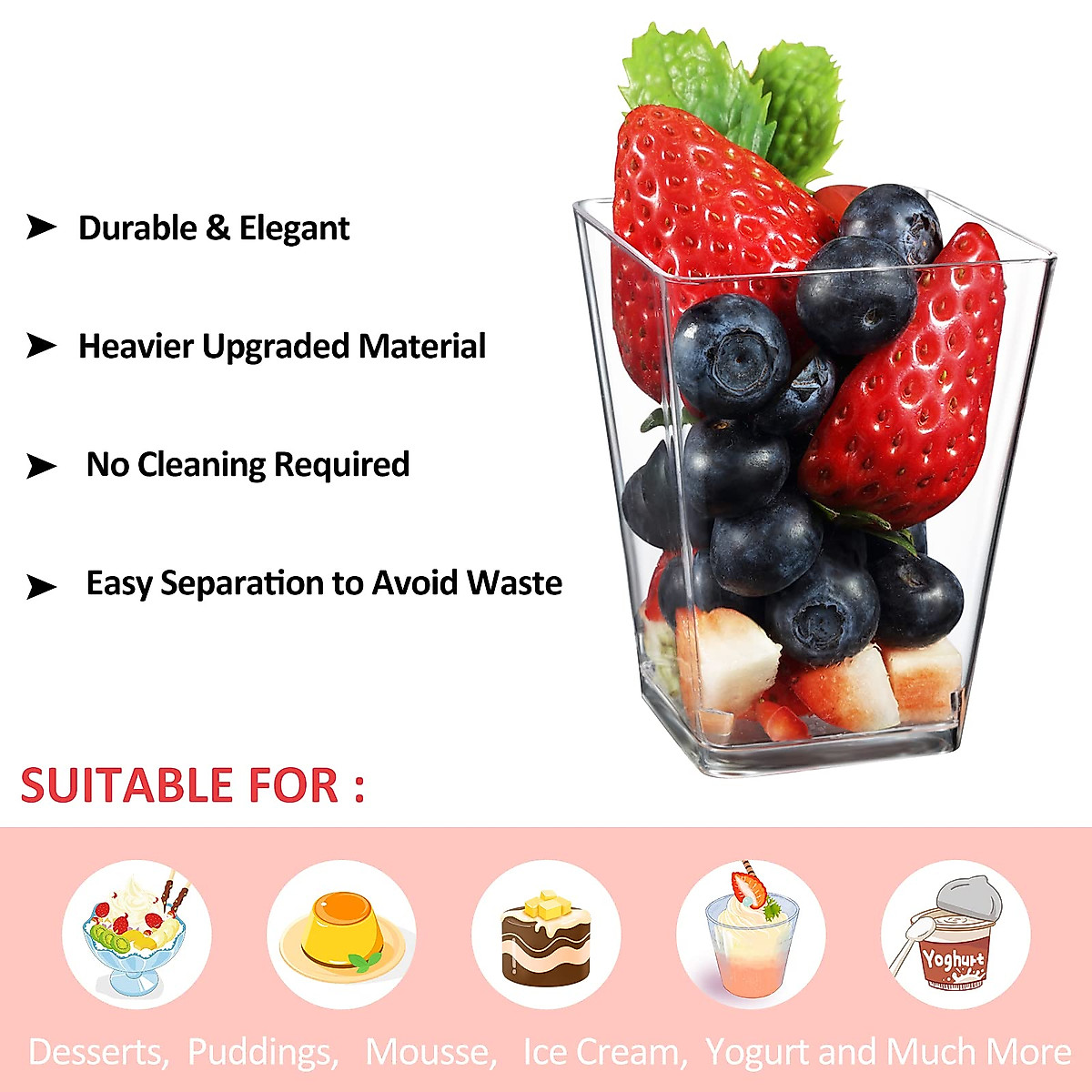 Eupako 100 Pack 5 oz Square Clear Plastic Dessert Cups with Spoons Small Tumbler Great for Desserts, Appetizers, Puddings, Mousse, Parfait