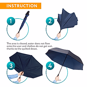PUREVACY Reverse Umbrella with Sturdy Shaft, 8 Reinforced Ribs, Teflon Coating, Black-Navy Blue Inverted Umbrella Compact, Windproof Upside Down Umbrella for Women, Men, Inside Out Umbrella
