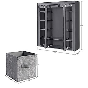 SONGMICS 59-Inch Portable Closet and 6 Storage Bins Bundle, Closet Storage Organizer with Fabric Boxes, Quick and Easy Assembly, Gray ULSF03G and UROB26LG