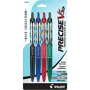 PILOT Precise V5 RT Deco Collection Refillable & Retractable Liquid Ink Rolling Ball Pens, Extra Fine Point (0.5mm) Black/Blue/Red/Green Inks, 4-Pack (41978)