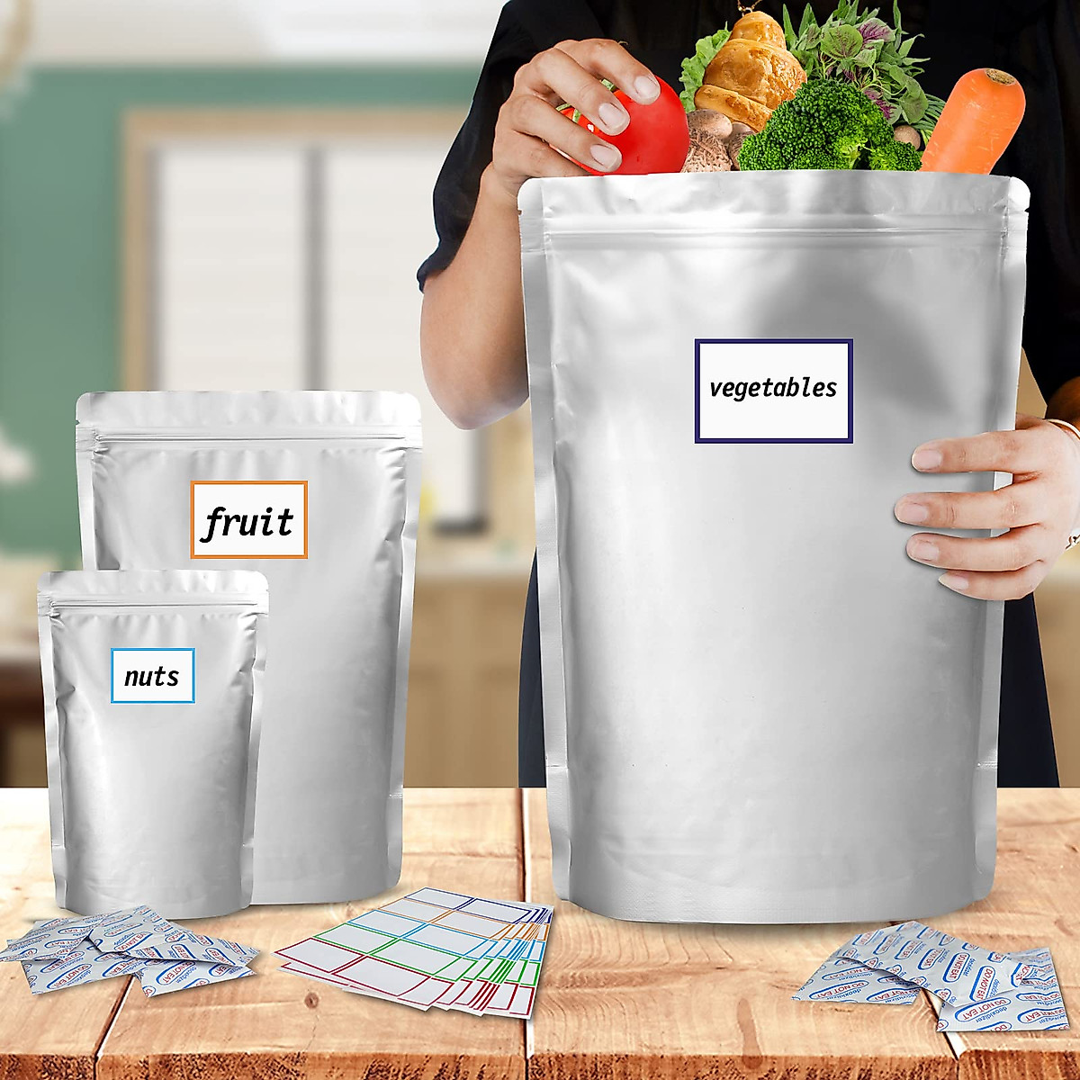 15 Mil 5 Gallon Mylar Bags for Food Storage with 2500cc Oxygen Absorbers - 55 Pack Mylar Bags 5 Gallon,1 Gallon,1 Quart 3 Size, 100 Pcs Labels and 500cc Oxygen Absorbers for Long Term Food Storage