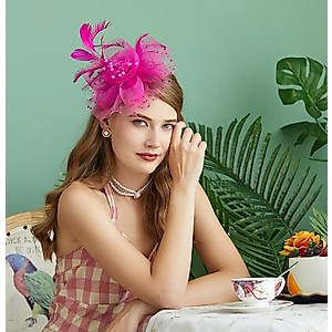 Cizoe Women's Fascinators Hat Kentucky Derby Hats Wedding Cocktail Tea Party Headwear and Gloves(Fushia)