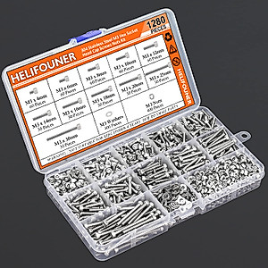 HELIFOUNER 1280 Pieces M3 x 4mm /6mm /8mm /10mm /12mm /14mm /16mm /18mm /20mm /25mm / 30mm, Hex Socket Head Cap Metric Screws Bolts Washers Nuts Kit, 304 Stainless Steel