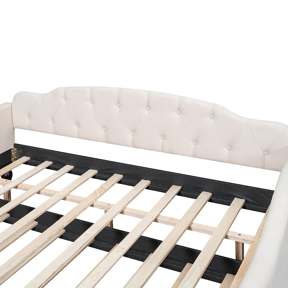 Upholstered Full Daybed with Twin Size Trundle, Full Size Daybed Frame with Button Tufted and Wingback Design, Wooden Full Sofa Bed for Livingroom Bedroom, No Box Spring Needed,Beige