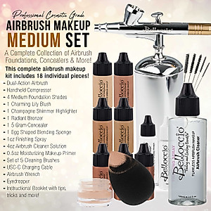 Belloccio Complete Cordless Handheld Airbrush Cosmetic Makeup System with 4 Medium Foundation Shades, Professional 18-Piece Kit, Moisturizing Primer, Blush, Bronzer, Highlighter, Concealer, User Guide
