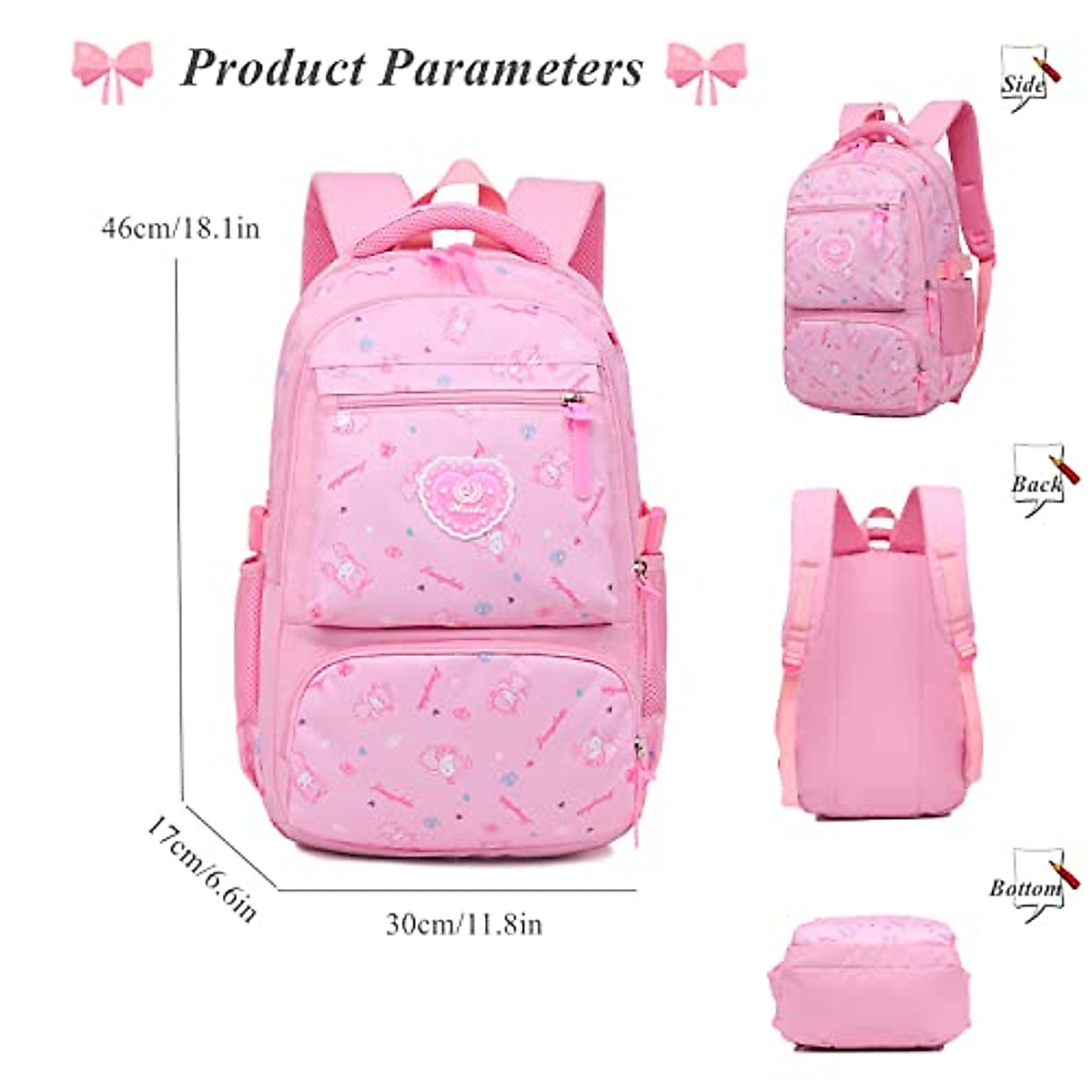 3Pcs Pretty Girls Elementary Bookbag Satchels for Primary Girls School Bag Backpack Set with Lunch Kits