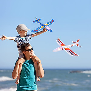 EagleStone Airplane Toy 2 Pack LED Foam Airplane for Kids Large Throwing Foam Plane 2 Flight Mode Glider Plane Flying Toys with 2 Sticker Styrofoam Airplanes for Boys&Girls Age 3 or Above Best Gift