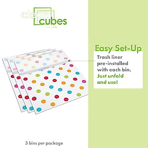 Clean Cubes 13 Gallon Disposable Trash Cans (3-Pack). Reusable Garbage and Recycling Bins for Parties, Events, and More (Polka Dot - 18" Tall x 14" Wide 10" Deep)
