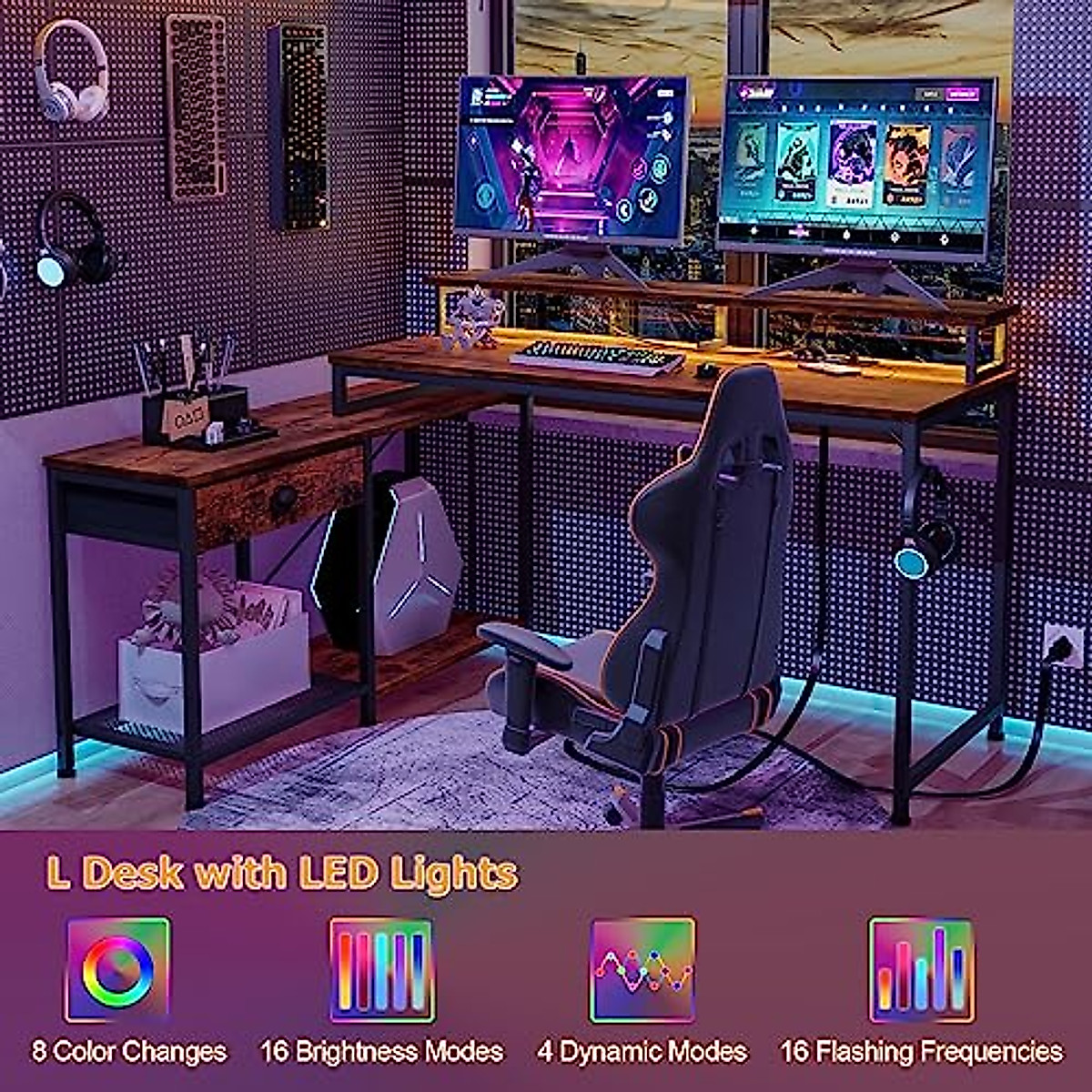 Furologee L Shaped Computer Desk and 5-Tier Bookshelf, Corner Gaming Desk with LED Lights & Power Outlets, Tall Bookcase with 2 Drawers for Living Room, Home Office, Bedroom, Rustic Brown