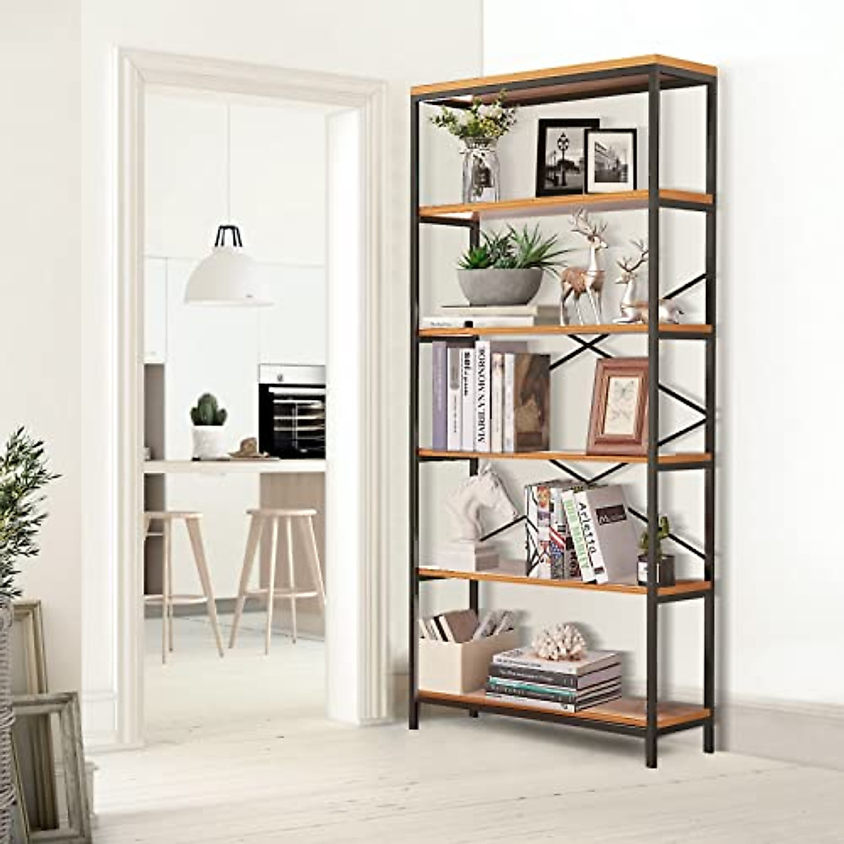 Solid Open Book Shelves, 71 Tall Modern Bookshelf 6 Foot, Free Standing Display Shelving Unit, 5 Tier Industrial Bookcase for Living Room Bedroom - Black Metal Frame & Rustic Cherry Wooden Shelves
