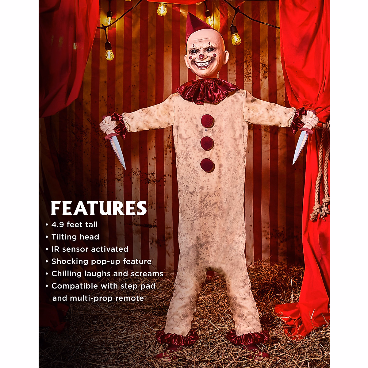 Spirit Halloween 4.9 Ft Dagger Mike Animatronic | Decorations | Animated | Pop-Up Motion | Plays Sounds | Clown Animatronic