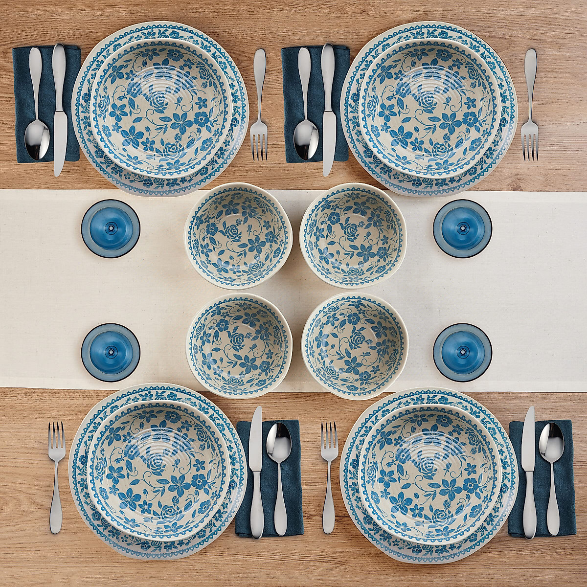 Pfaltzgraff Hayden Floral 12 Piece Dinnerware Set, Service for 4, Blue