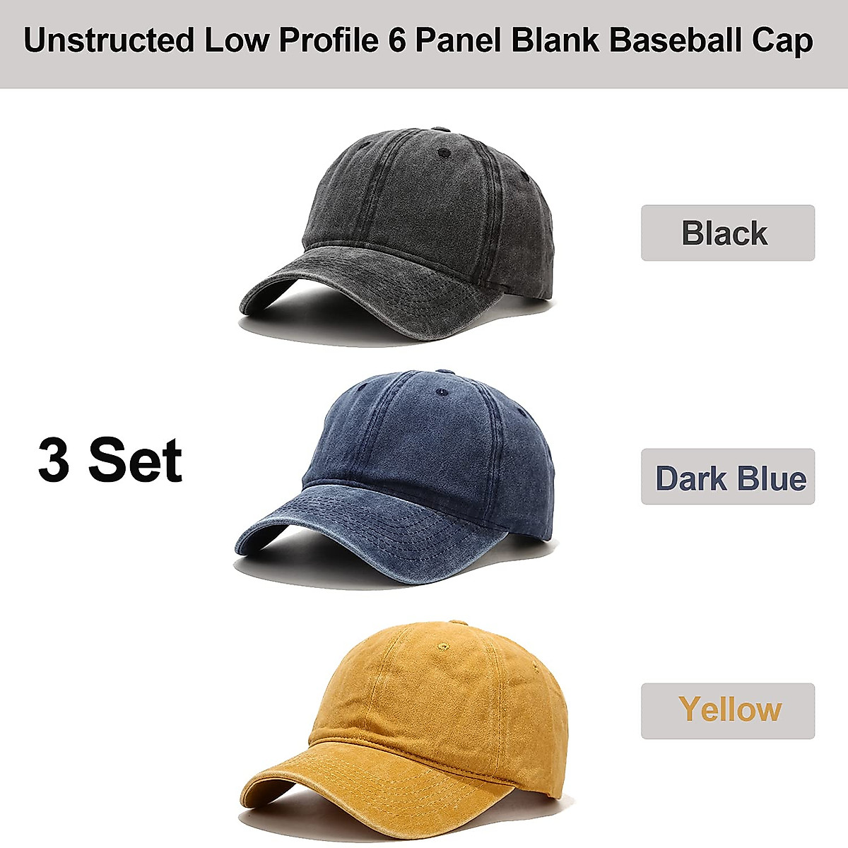 Umeepar 3 Pack Baseball Cap Vintage Distressed Low Profile Unstructured Plain Cotton Dad Hat Adjustable for Women Men (Black, Dark Blue, Yellow)
