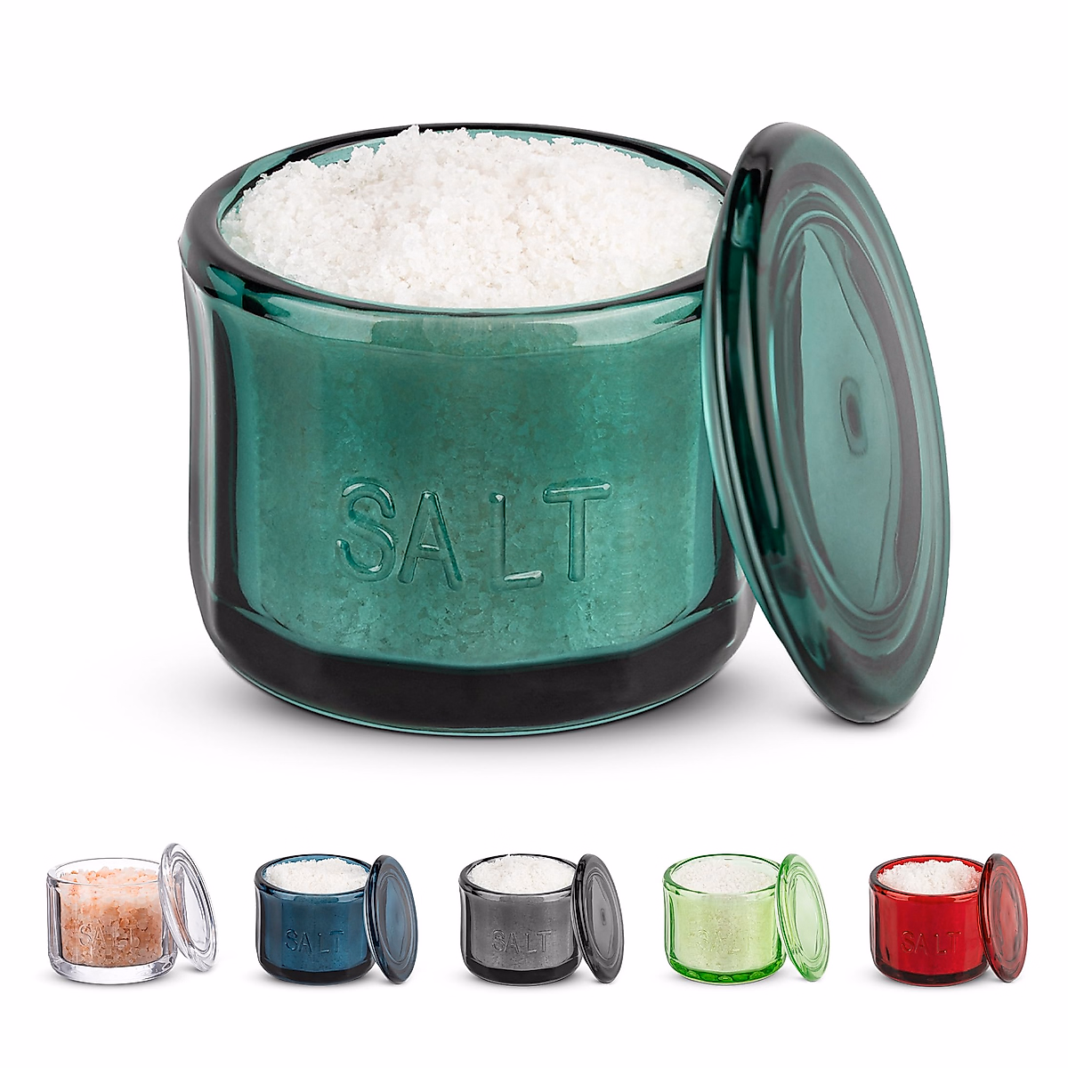 KooK Glass Salt Cellar, with Lid, Embossed Pressed Glass, Clear Storage Container, for Coffee, Sugar, Spices and Candies, 10 oz (Emerald Green)