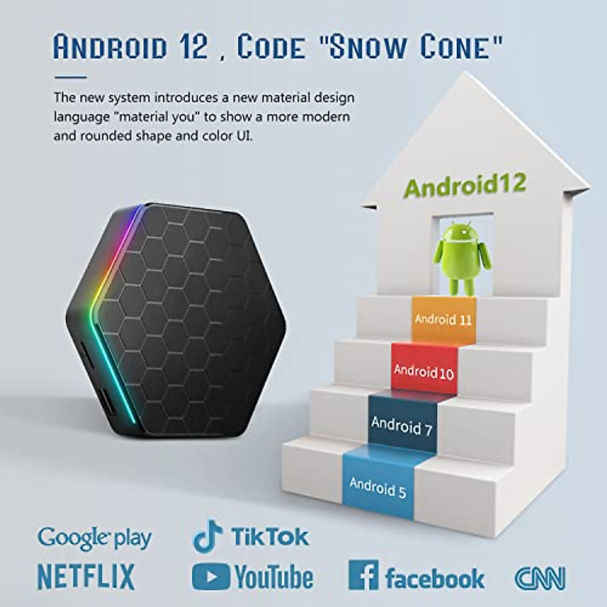 2022 Android TV Box 12.0 4GB RAM 64GB ROM Android Box H618 Quad-core Cortex-A53 CPU, Wi-Fi 6 4K/6K 2.4G/5G Wi-Fi HDR10+ Bluetooth 5.0 100M Ethernet USB 2.0 with Backlit 2.4G Mini Wireless Keyboard