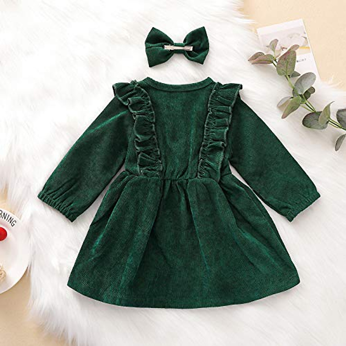 Karuedoo Kids Toddler Baby Girl Corduroy Ruffle Long Sleeve Dress Princess Party Dress Fall Winter Skirt Outfit (A-Green, 4-5T)