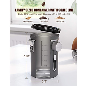 HAIOOU Airtight Coffee Canister, 22OZ Large Stainless Steel Coffee Bean Storage Container with Date Tracker, Measuring Scoop, CO2 Releasing Valves and Mini Tongs for Beans, Grounds and more - Gray