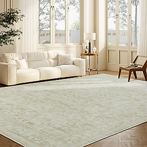 HOMBYS 10x14 Neutral Floral Area Rug for Living Room Bedroom, Large Boho Floor Carpet with Non-Slip Backing for Indoor, Traditional Home Deco Non-Shedding, Khaki, Machine Washable