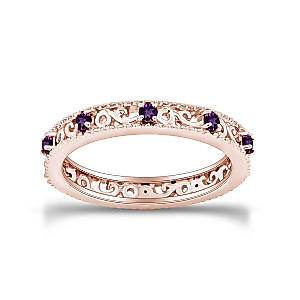 Jewel Zone US Round Cut Purple Simulated Amethyst Stackable Ring in 14K Rose Gold Over Sterling Silver