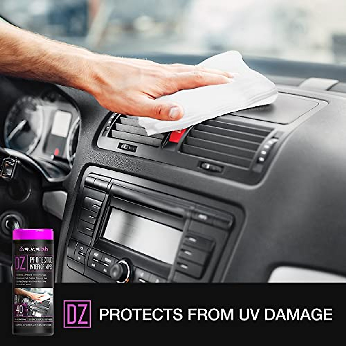 SUDS LAB DZ Protective Interior Wipes, Interior Shield Car Protectant Wipes, Clean and Protect Automotive Surfaces from UV Damage, Fading, and Dust Buildup, Natural Matte Polish, 40 count