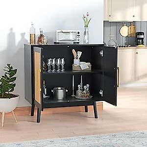 CARPETNAL Sideboard Buffet Cabinet, Modern Rattan Storage Cabinet with Double Doors and Adjustable Shelves, Accent Cabinet for Living Room, Bedroom, Hallway (Black)