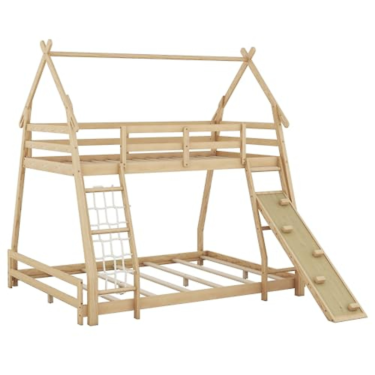 RORIGAT Twin Over Queen House Bunk Bed with Climbing Nets and Climbing Ramp, Wooden Low BunkBed Frame for Kids Boys Girls Bedroom,Natural