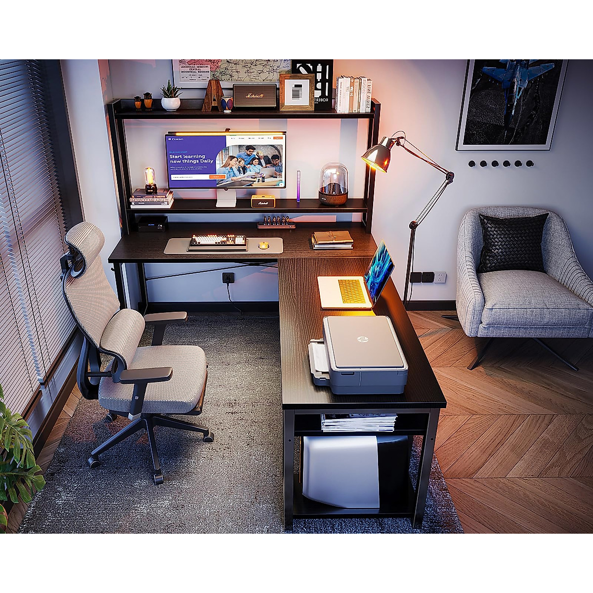 ODK L Shaped Gaming Desk with Hutch, Computer Desk with Storage Shelves, 59" L Shaped Desk for Home Office, Corner Desk with Headphone Hook, Black