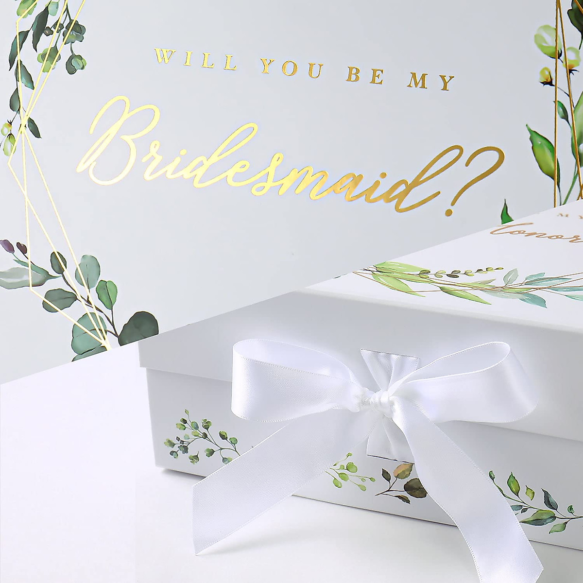 BRIGEL Bridesmaid Proposal Box Set of 3, 3 Will You Be My Bridesmaid Proposal Boxes for Bridesmaid Gifts, Leaf-Patterned White Box with Gold-Foiled Text, Magnetic Closure, and a White Ribbon
