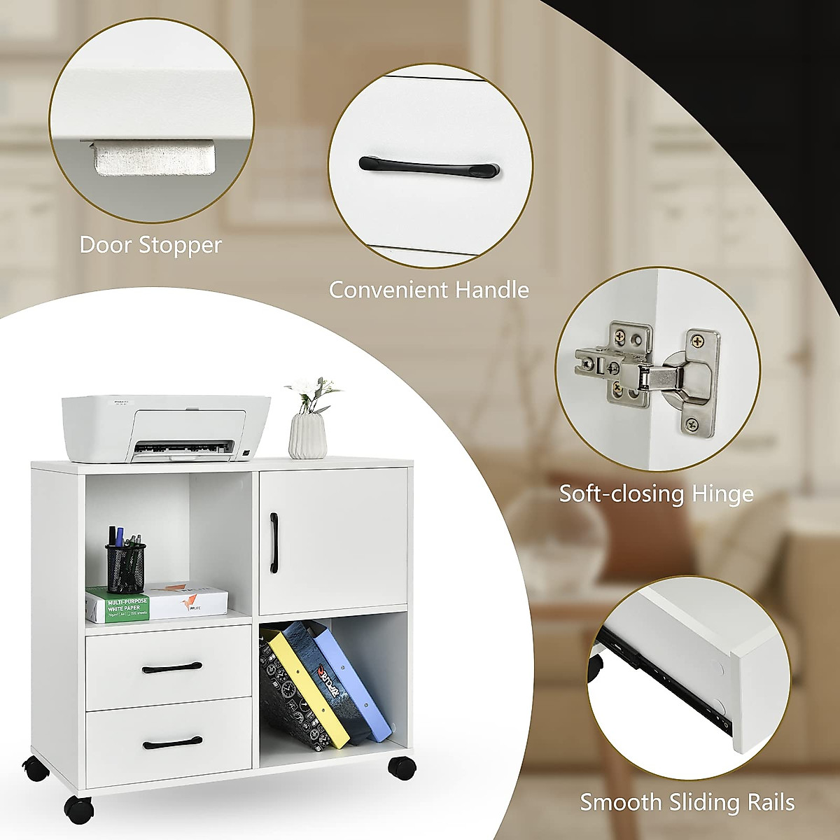 Giantex Printer Stand Under Desk - Mobile File Cabinet with 2 Drawers, Lateral Cabinet, 2 Open Compartments, Lateral Rolling Filing Cabinet on Wheels for Home & Office Use Printer Table (White)