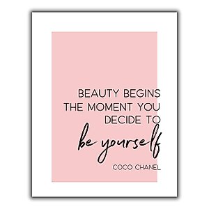 Coco Chanel Inspirational “Beauty Begins” Typography Word Wall Art - 11x14 UNFRAMED Pink, Black & White Print - Makes a Great Gift for Lovers of Minimalist, Fashion, Motivational Decor.