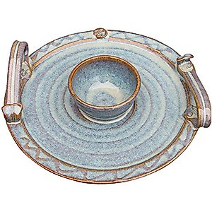 Castle Arch Pottery Handmade Party Platter with Dip Bowl. 9” Diameter Serving Plate with Celtic Spiral Logo. Original Irish Design Hand-Glazed for Durability and Quality of Finish (Green)